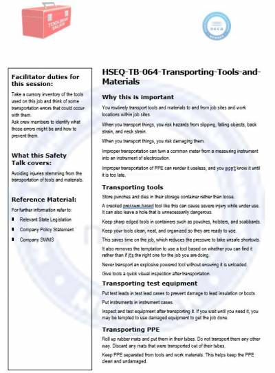HSEQ TB064 - TRANSPORTING TOOLS AND MATERIALS - NECA Safety Specialists