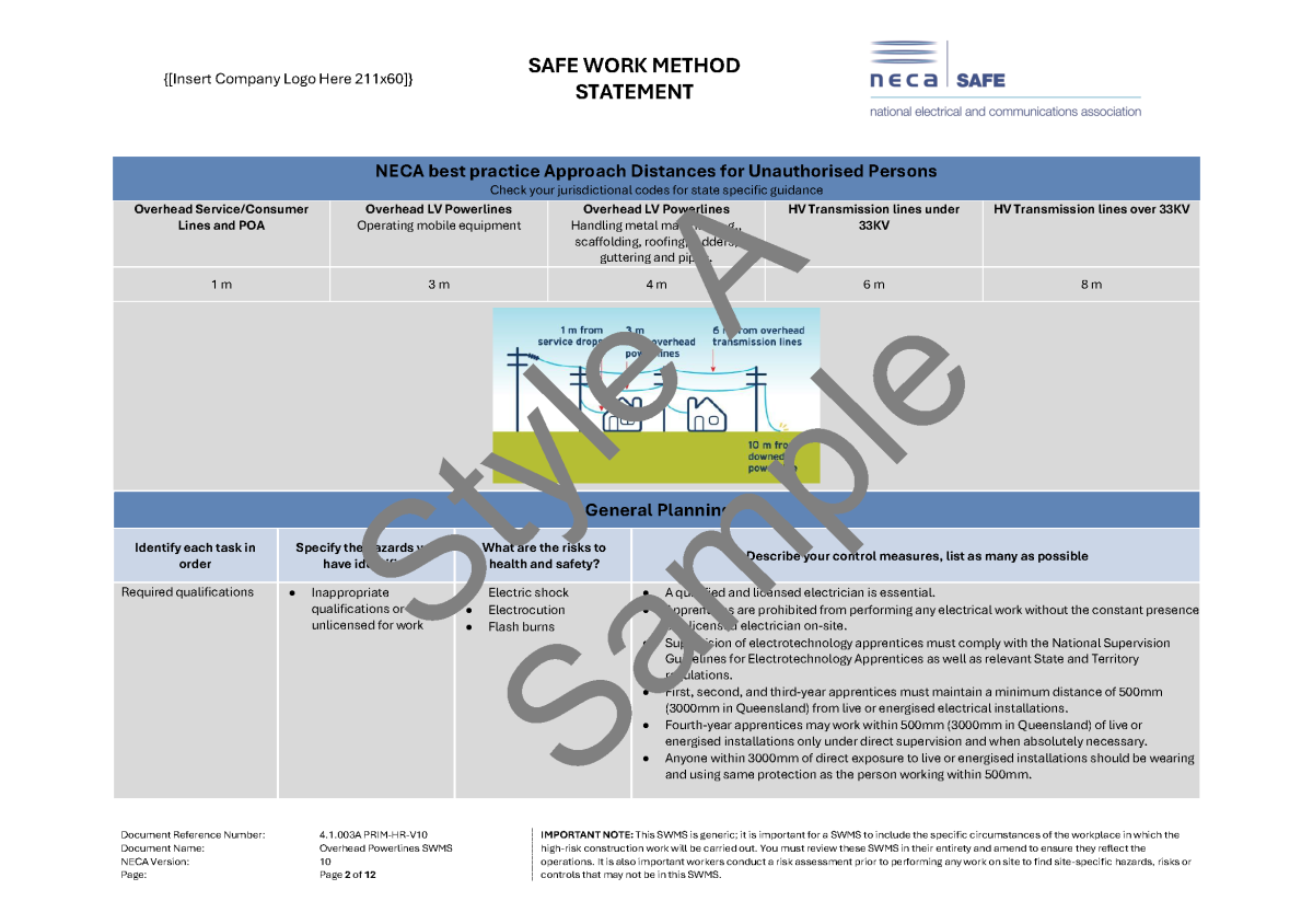 Overhead Powerlines SWMS - NECA Safety Specialists
