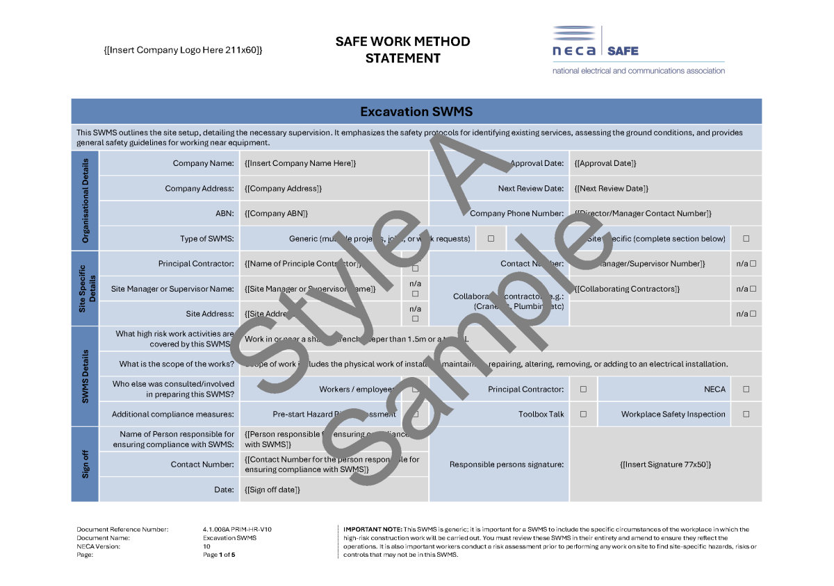 Excavation SWMS - NECA Safety Specialists