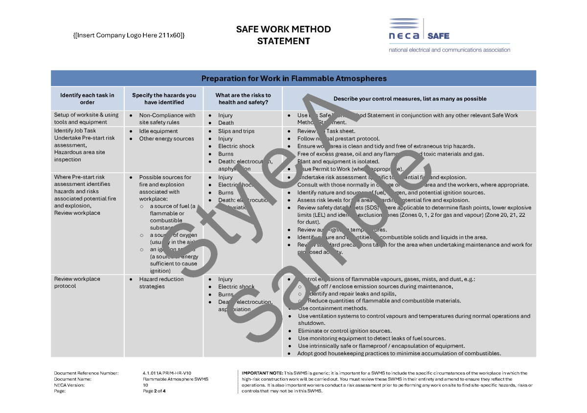 Flammable Atmosphere SWMS - NECA Safety Specialists