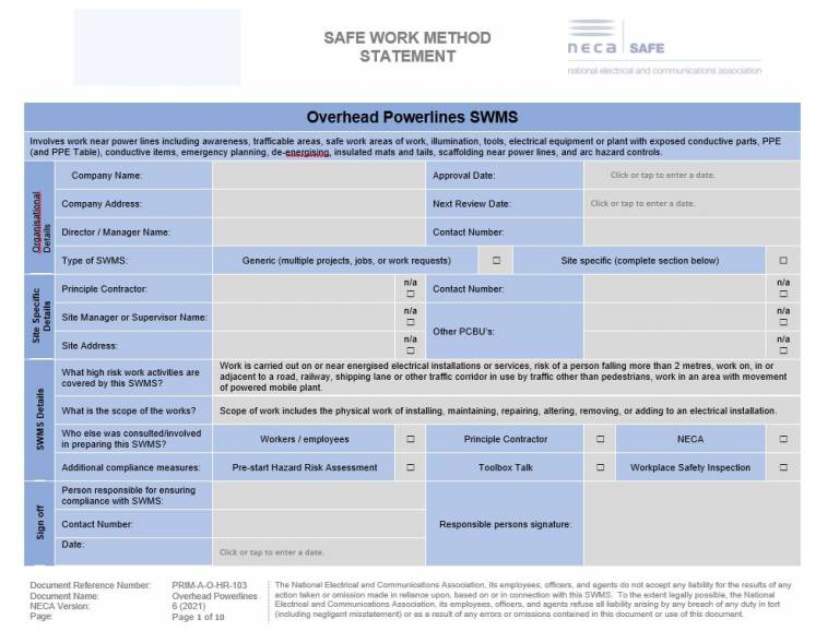 Overhead Powerlines SWMS (2023 Compliant) - NECA Safety Specialists
