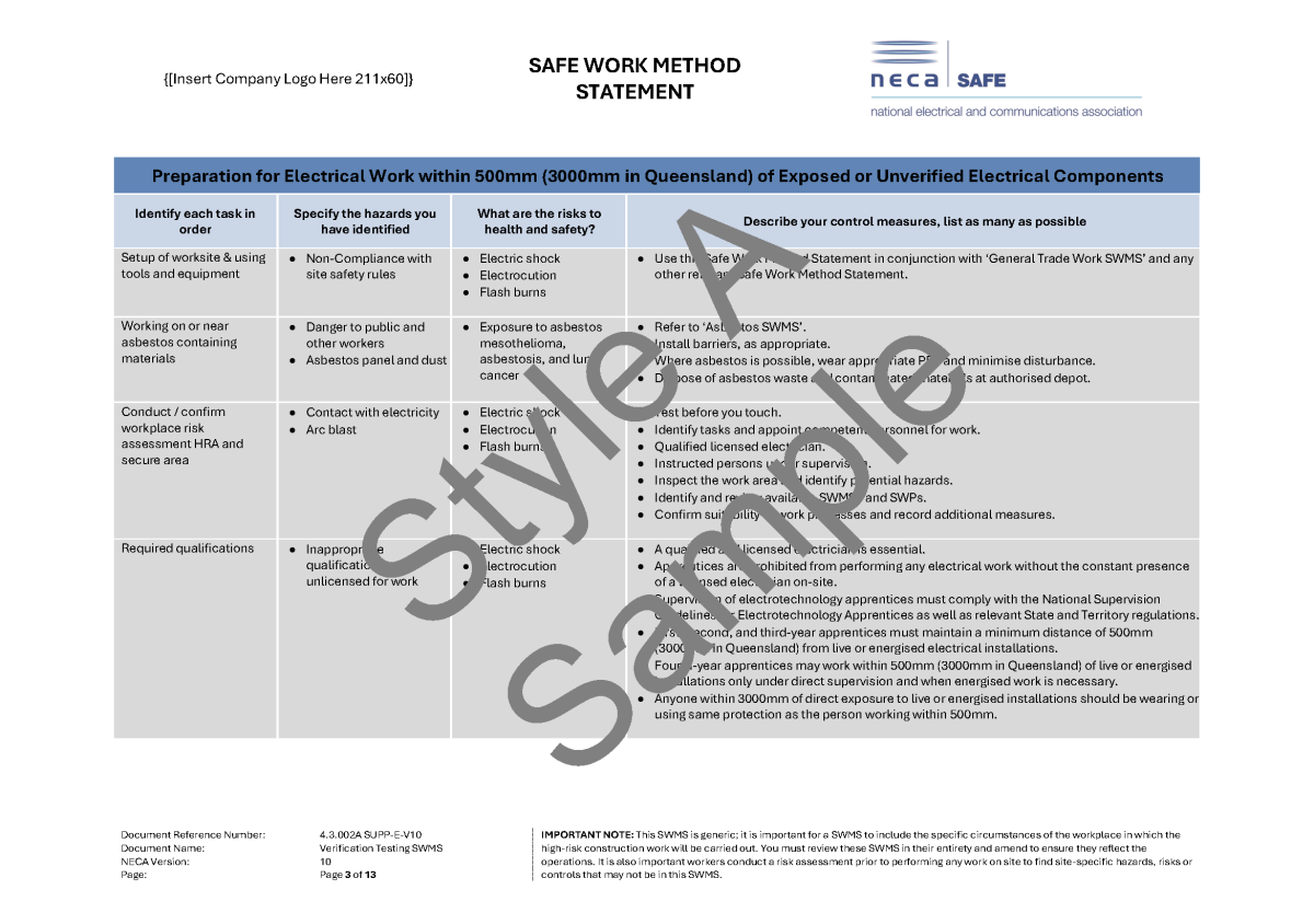 Verification Testing SWMS - NECA Safety Specialists
