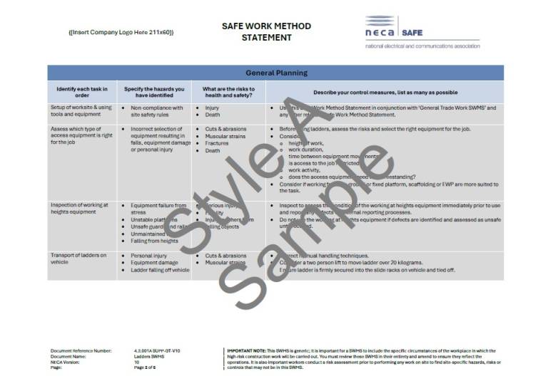 Ladders SWMS - NECA Safety Specialists